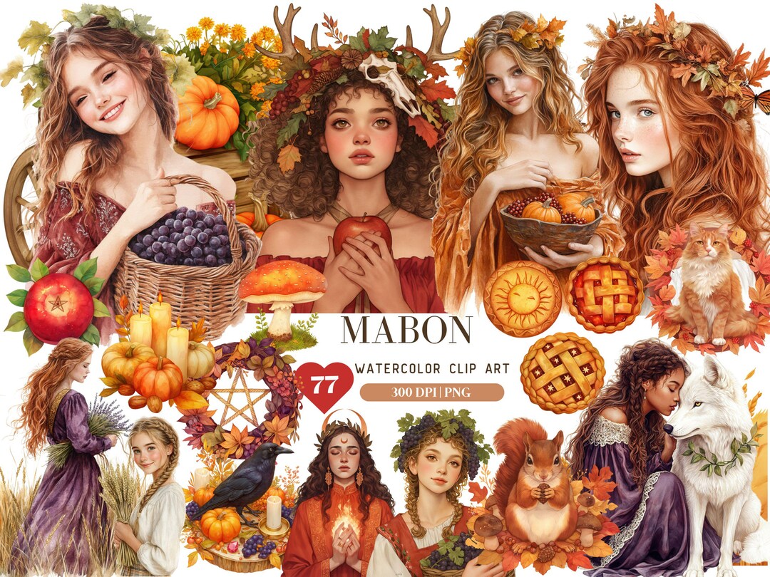 Watercolor Mabon Autumn Equinox Clipart, Gothic Witch Sticker, Goddess ...