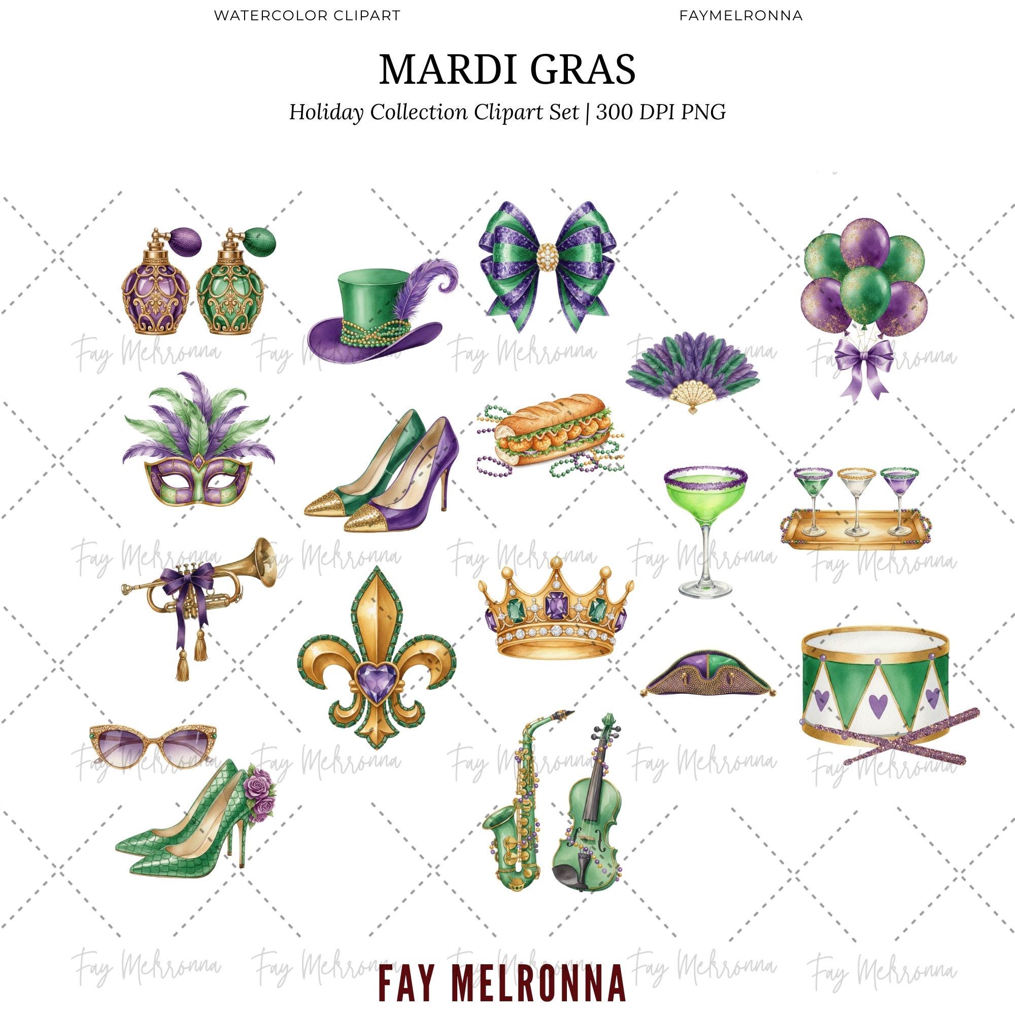 Mardi Gras Watercolor Clipart, New Orleans Masquerade Party PNG, Fat ...