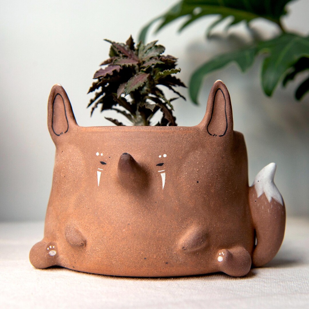 Medium-brown Tribal Fox Planter. Handmade Plant Pot With Drainage Hole ...