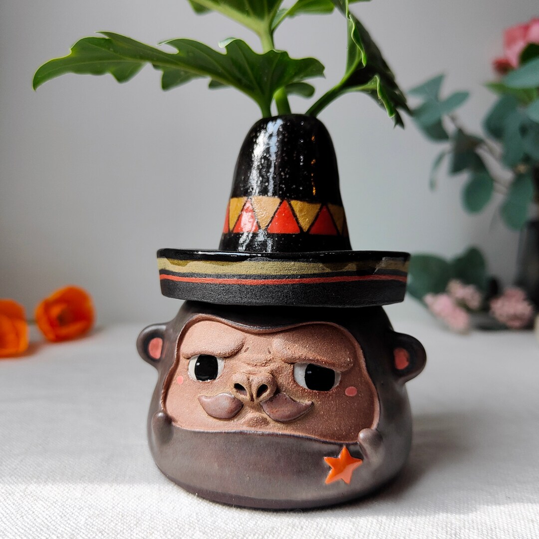 Cute Animal Vase, Mexican Cowboy Monkey. Handmade Flower Vase. Cute ...