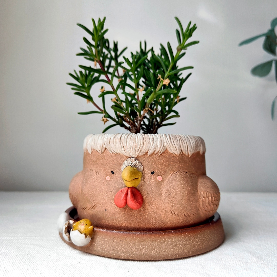 Planter With Saucer, Medium-brown Hen. Handmade Plant Pot With Drainage ...