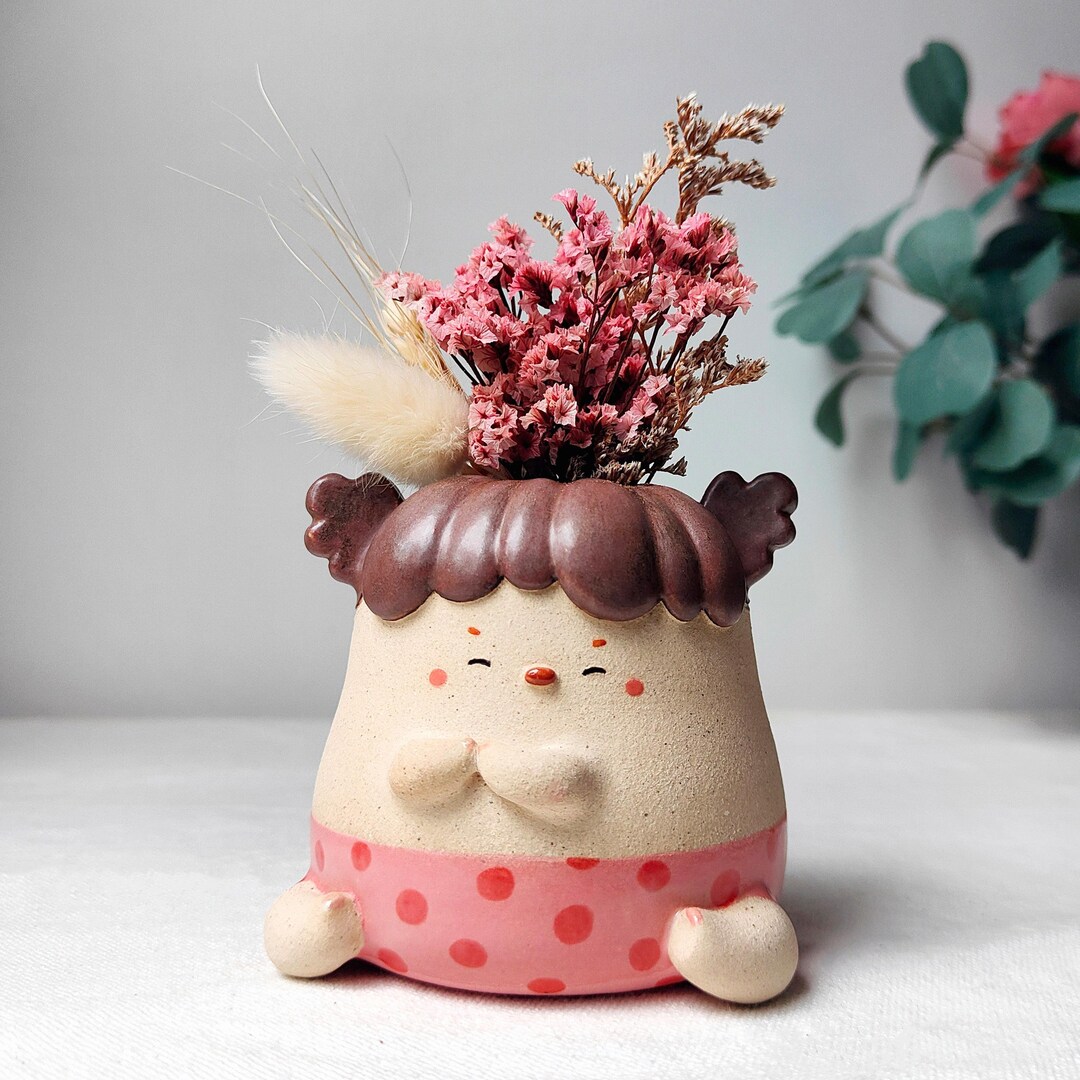 Mini Vase Cute Girl With Pink Polka Dot Pants Handmade Flower Vase Cute Ceramic For The