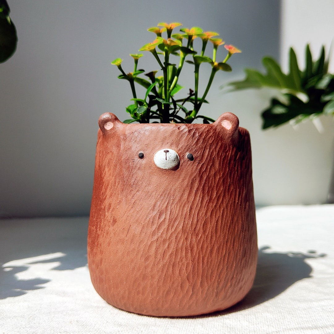 3 Inch, Tall Shape, Brown Bear Planter. Handmade Pot With Drainage Hole ...