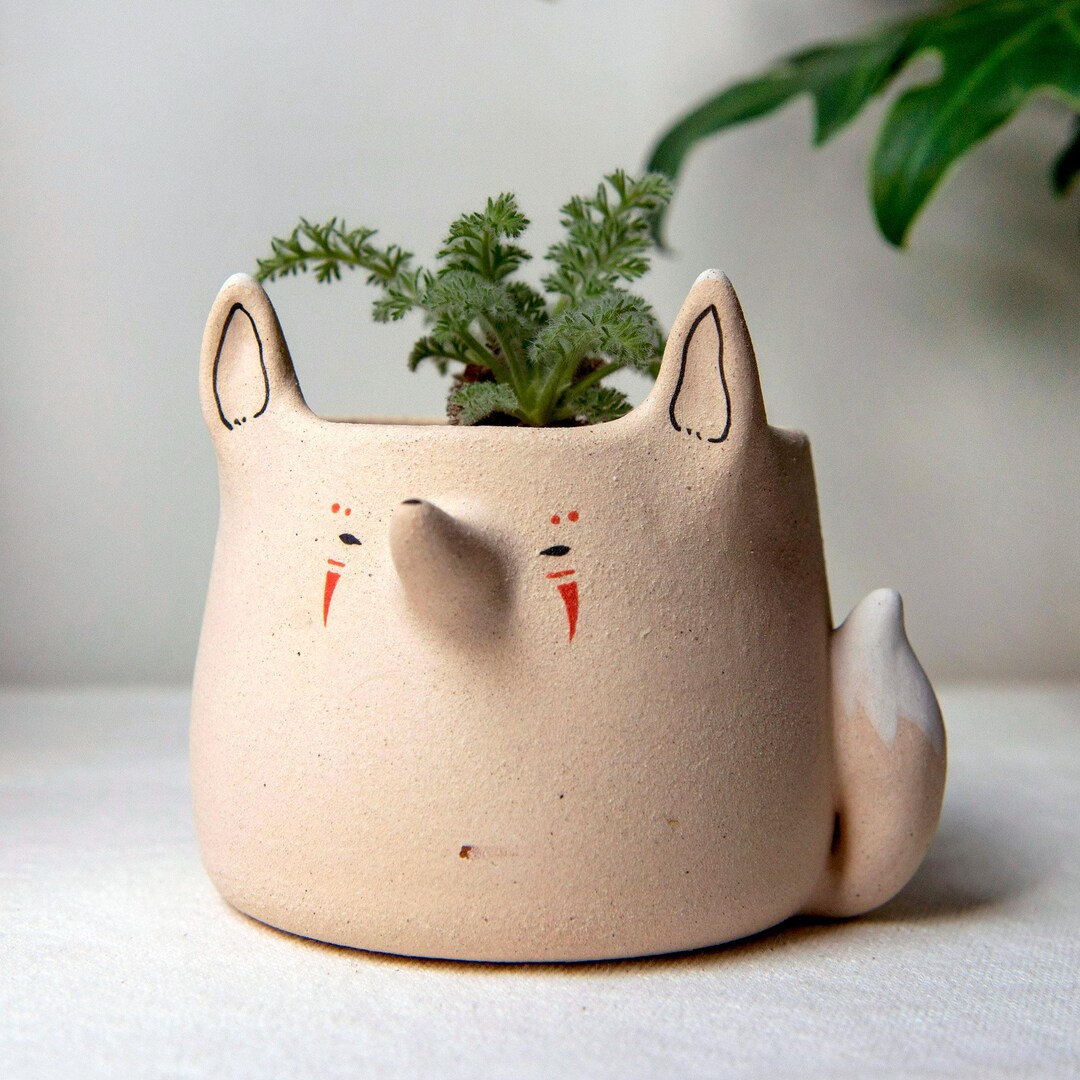 White Tribal Fox Planter. Handmade Plant Pot With Drainage Hole. Cactus ...