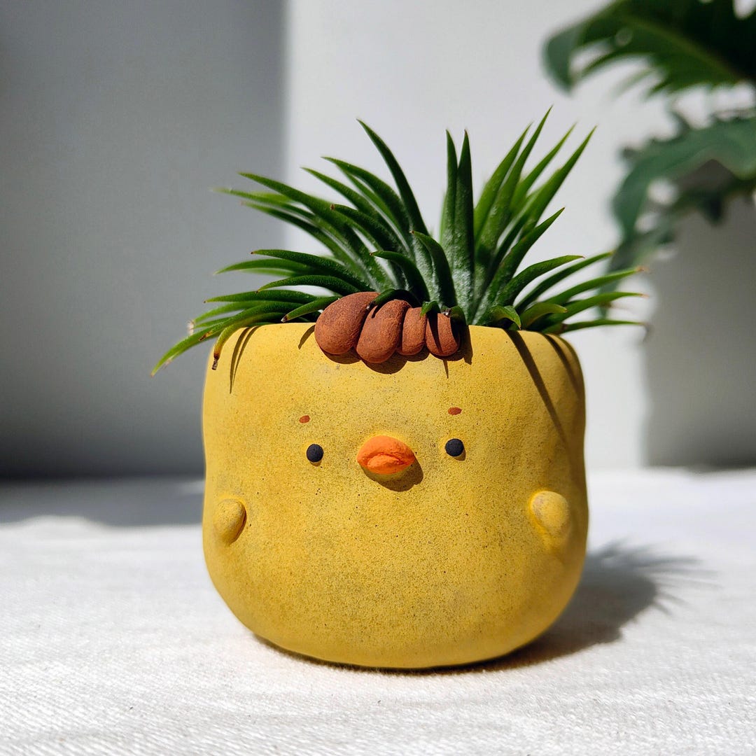 Little Cute Yellow Duck Planter, Handmade Plant Pot With Drainage Hole ...