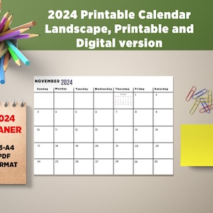 2024 Printable Calendar Landscape, Printable and Digital Version, 12 ...