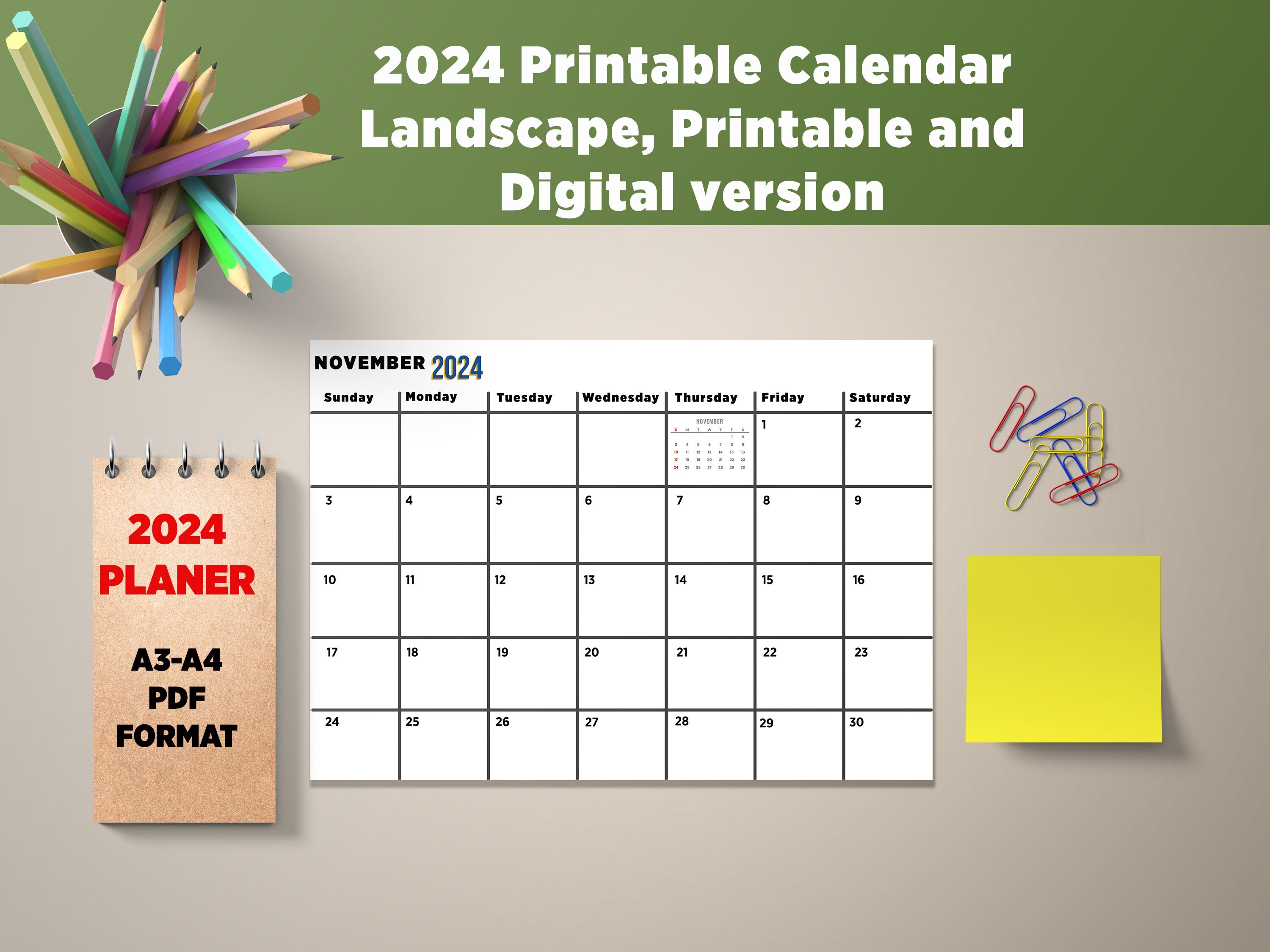 2024 Printable Calendar Landscape, Printable and Digital Version, 12 ...