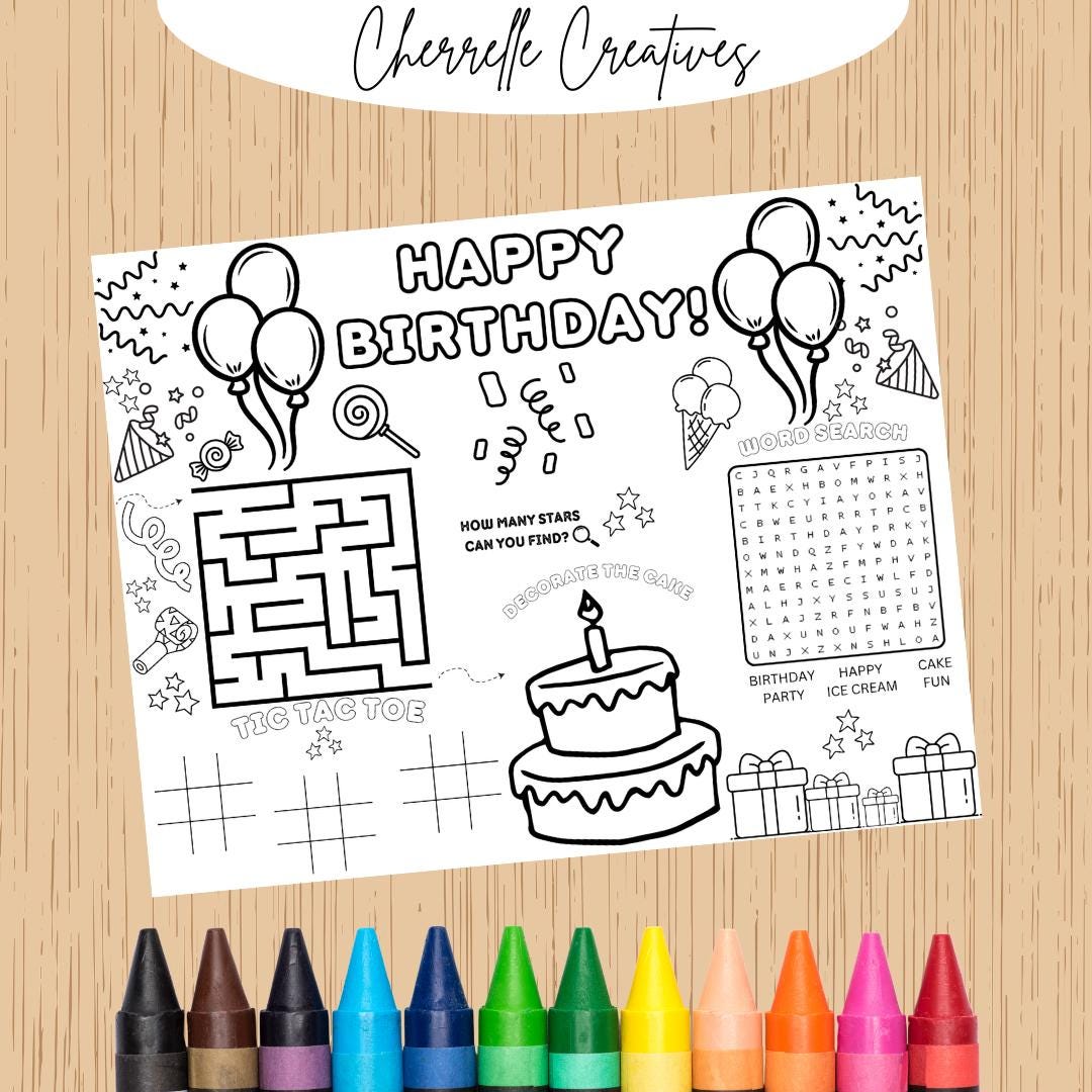 Birthday Coloring Placemat. Printable Kids Birthday Coloring Page, Kids ...
