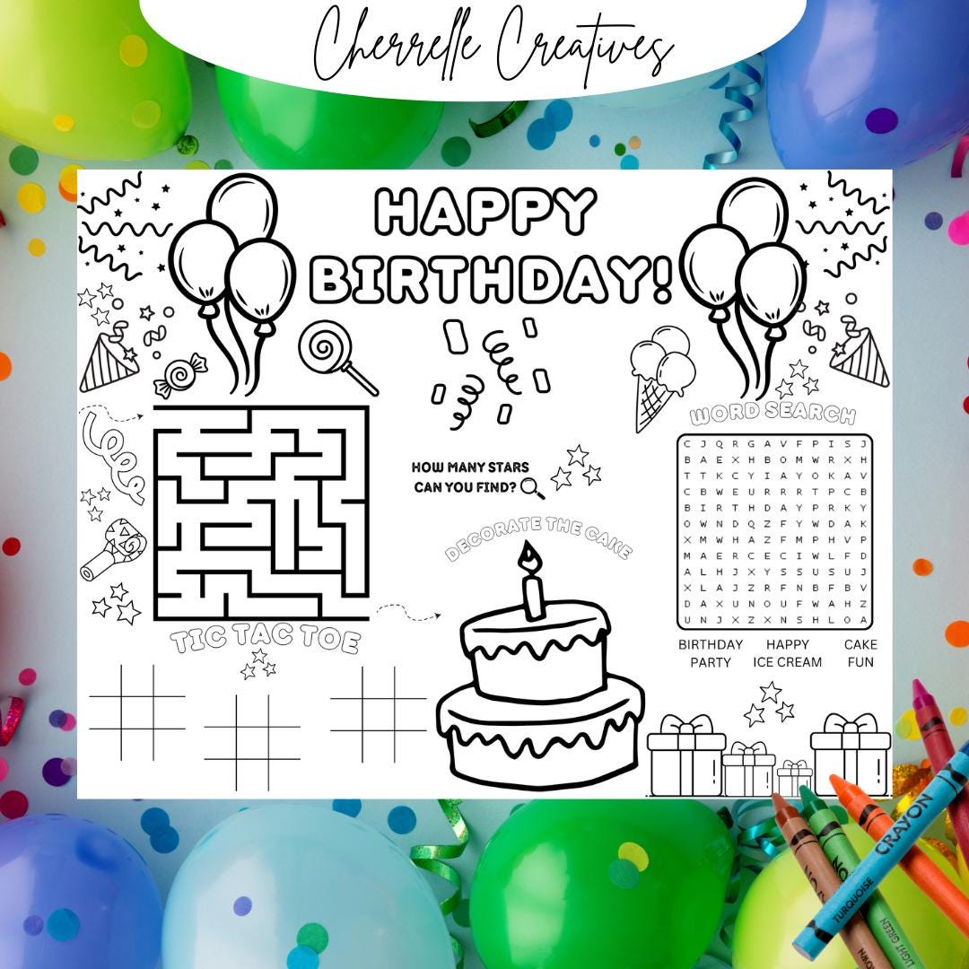 Birthday Coloring Placemat. Printable Kids Birthday Coloring Page, Kids ...