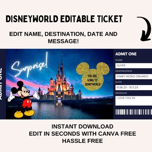 Disneyland Ticket, Disneyworld Ticket, Editable Ticket, Surprise Reveal ...