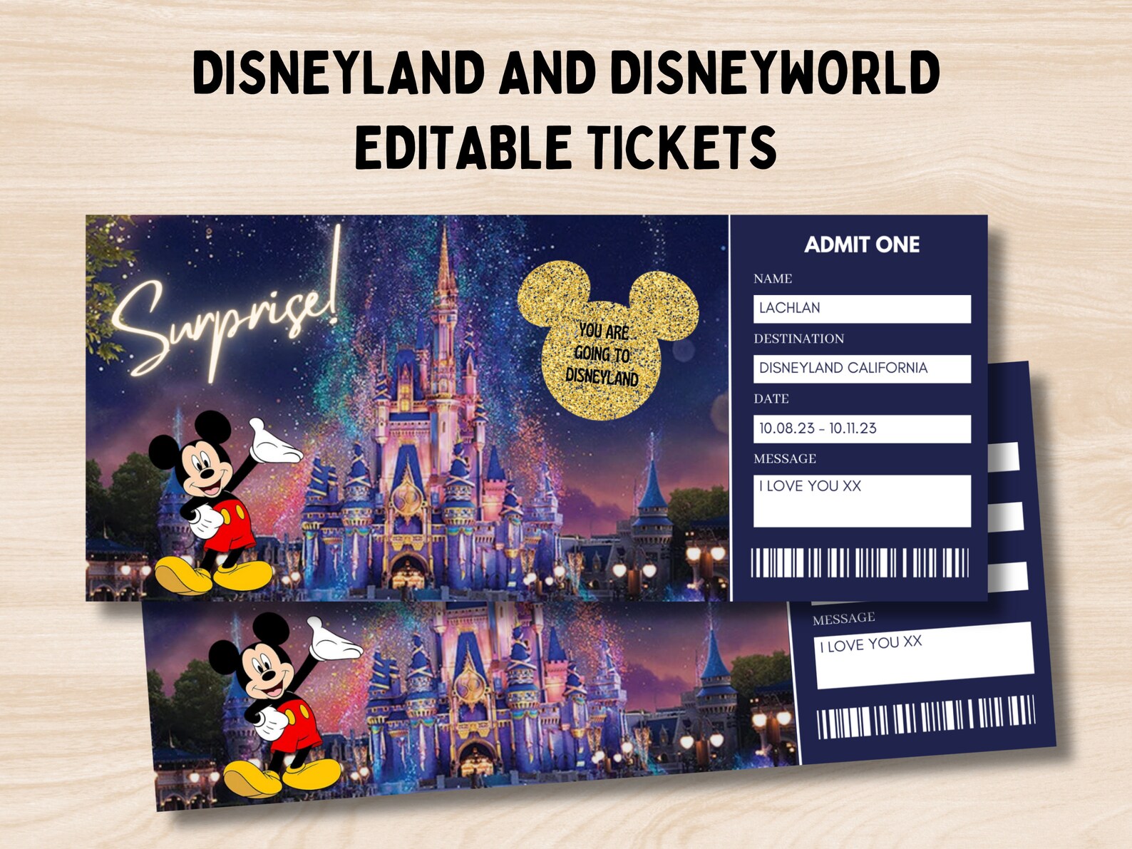 Surprise Disneyland Ticket, Disneyworld Ticket, Editable Ticket ...