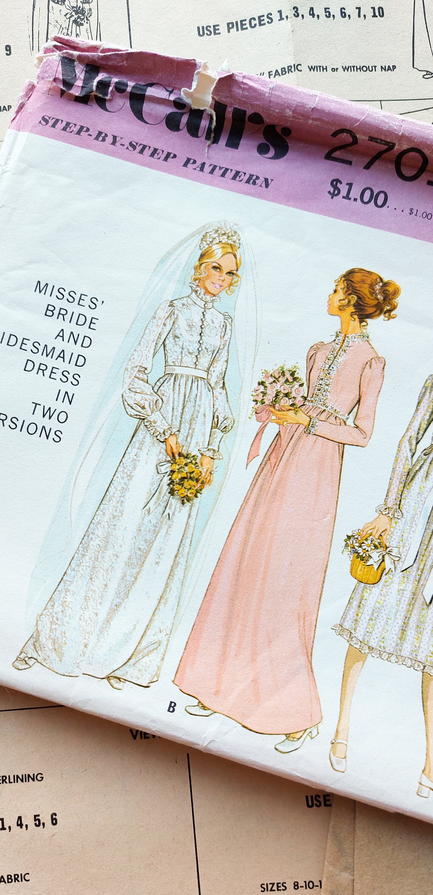 70s Mccalls 2701 Boho Bridal Wedding Gown & Bridesmaid Dress Sewing ...