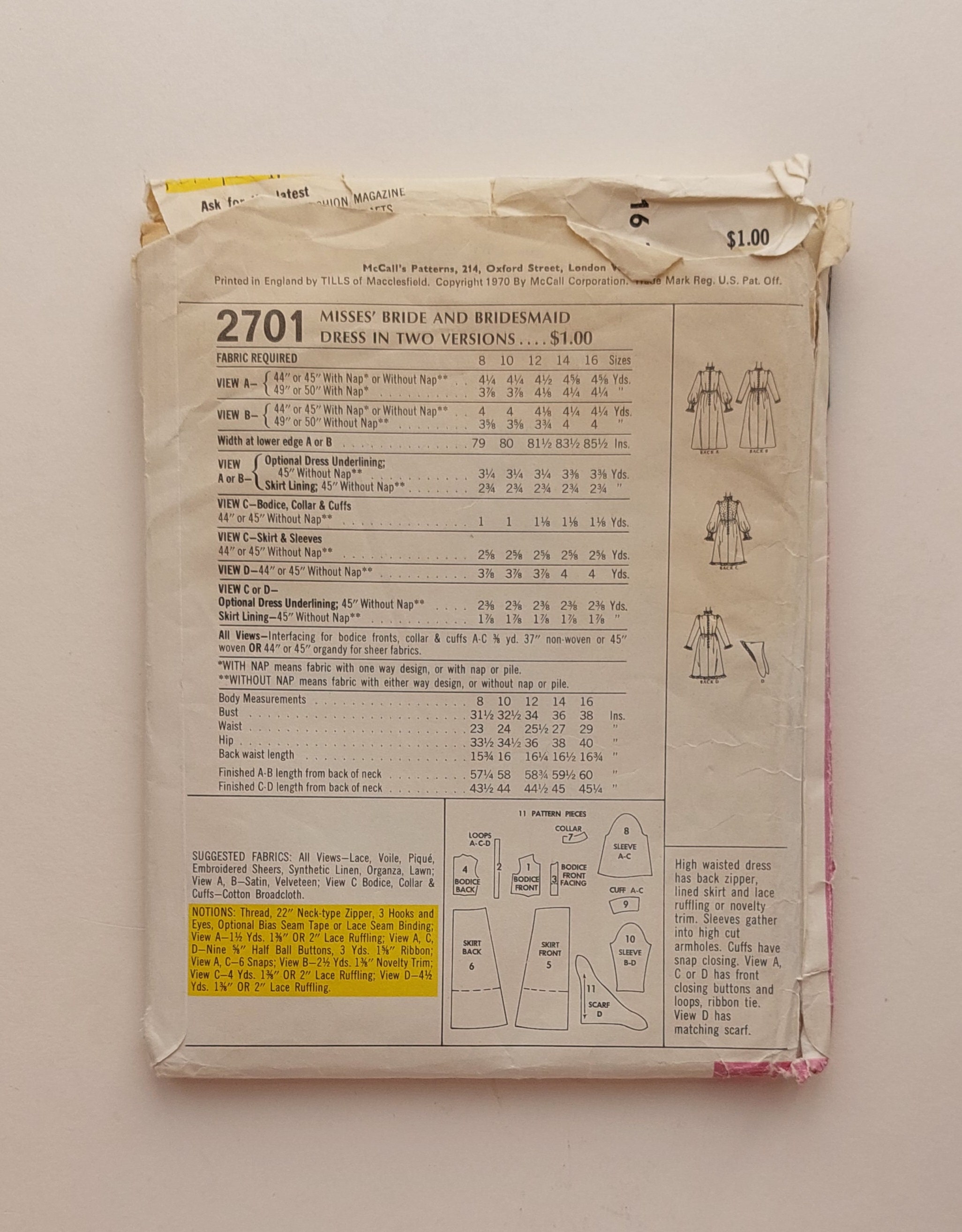 70s Mccalls 2701 Boho Bridal Wedding Gown & Bridesmaid Dress Sewing ...