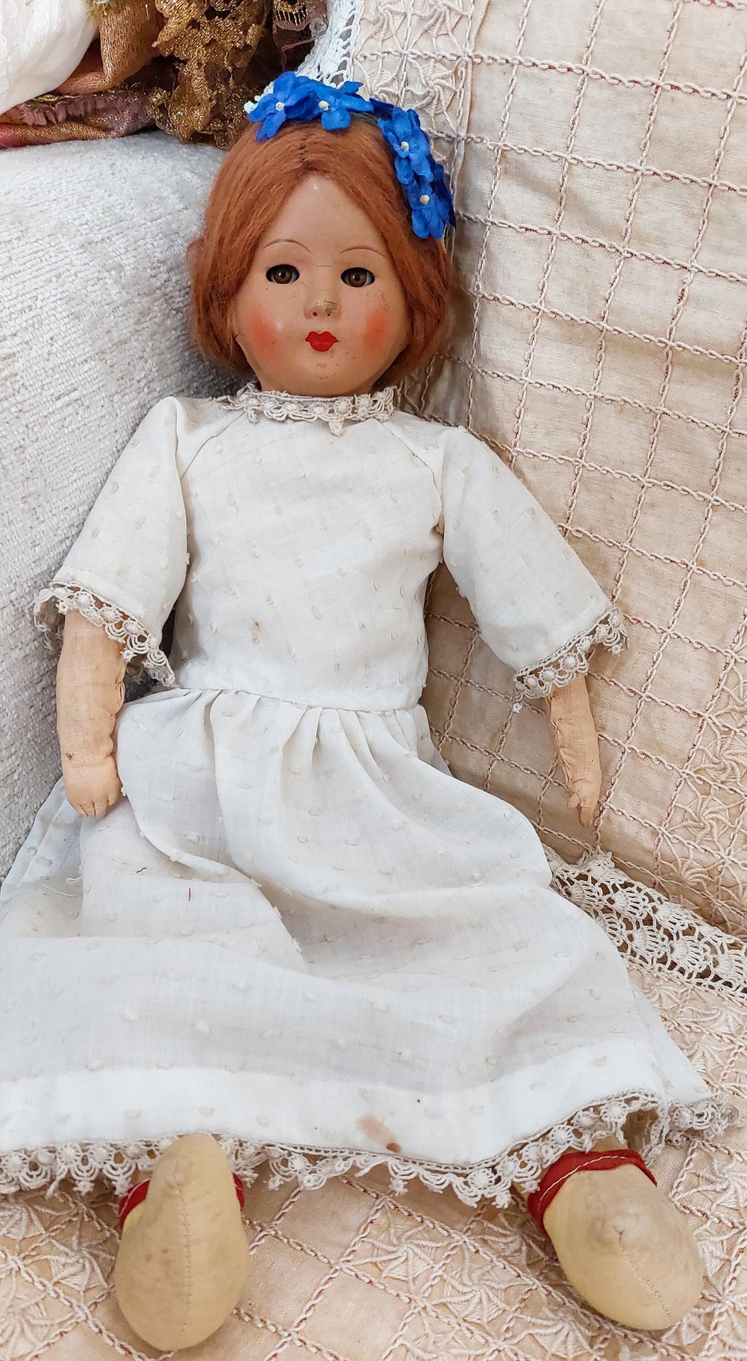 Antique English Doll, Straw Filled Cloth Doll With Papier Mache Head ...