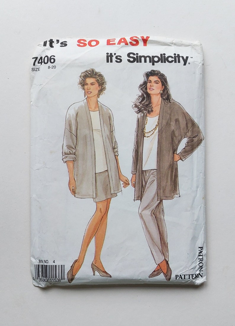 90s Ladies Oversized Jacket & Pull-on Pants Skirt Easy Sewing Pattern, Simplicity 7406, Size 8 ...