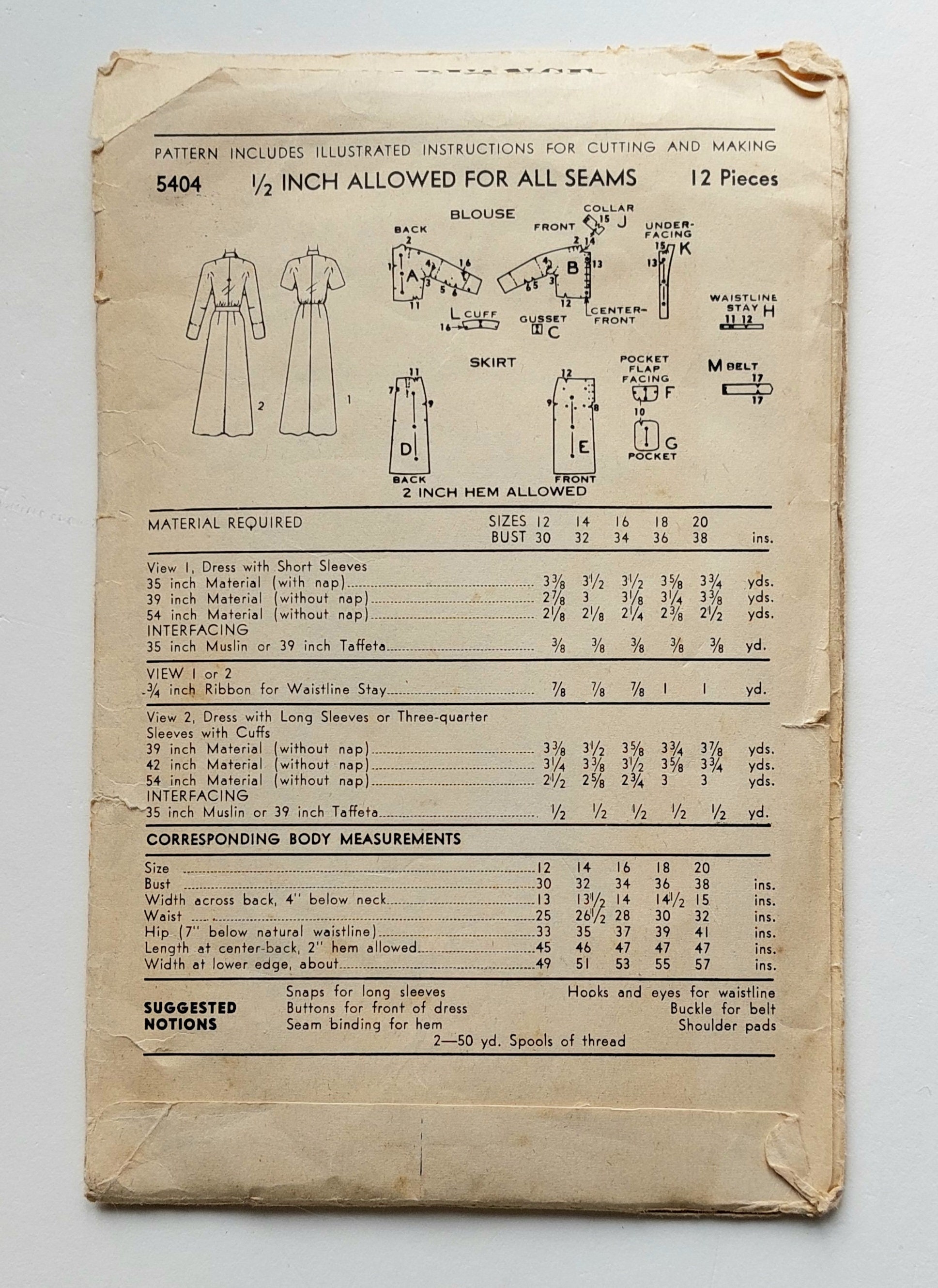 1940s Advance 5404 Sewing Pattern, Slim Dress With Raglan Sleeves ...