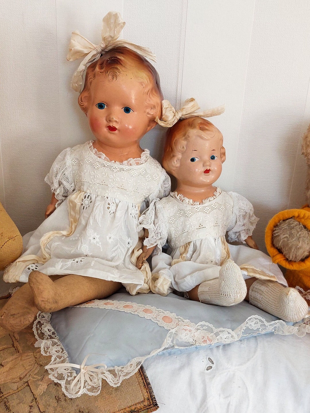 Two Adorable Antique Composition and Cloth Dolls, Reliable Hairbow ...