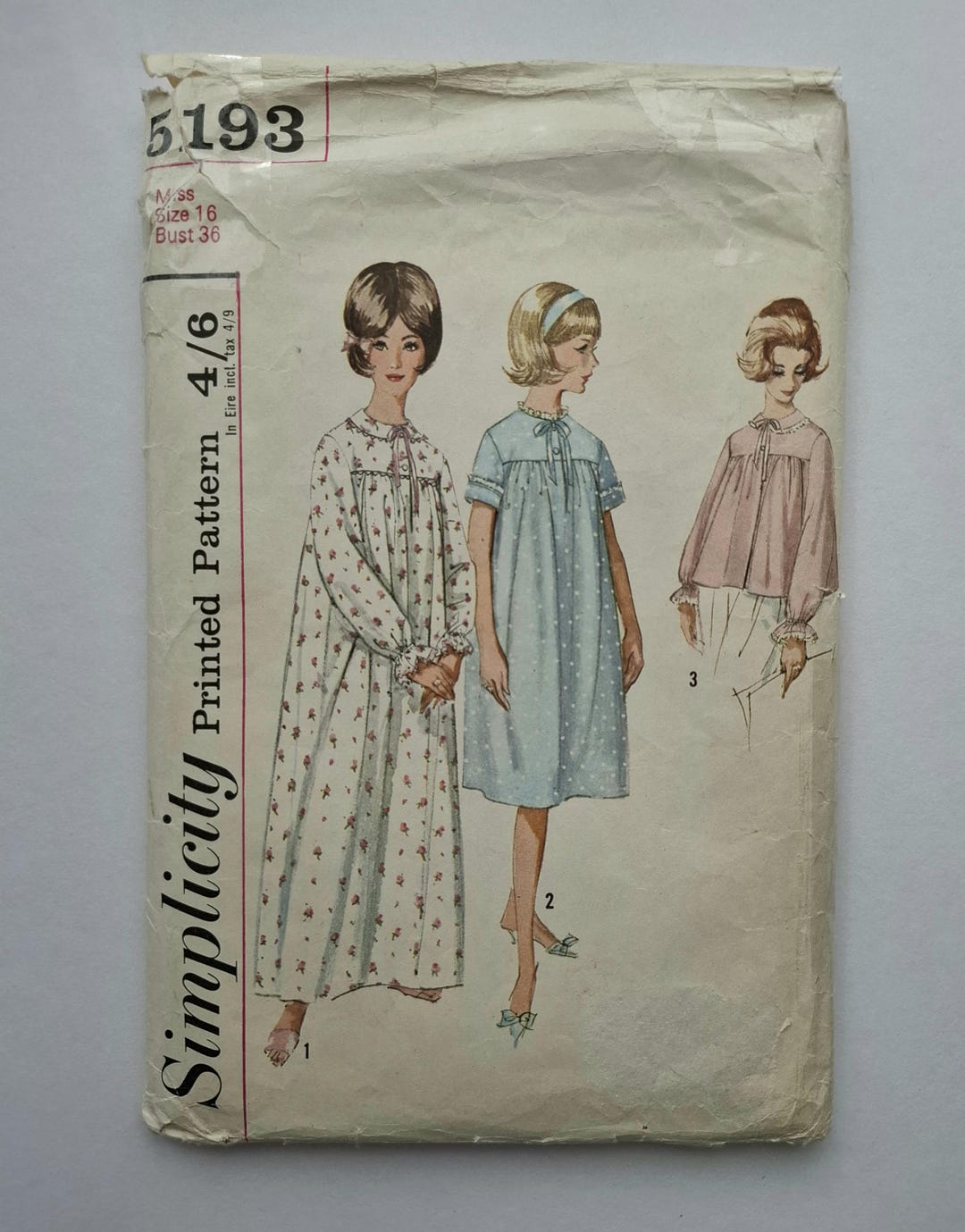 1960's Vintage Nightgown & Bed Jacket Sewing Pattern, Simplicity 5193 ...