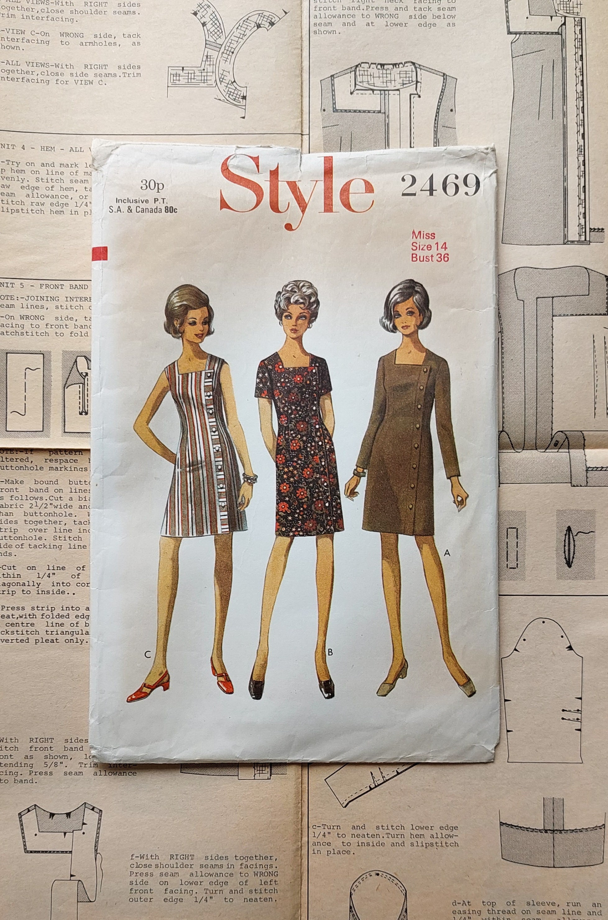 1960s Vintage Mod Dress Sewing Pattern, 60s Asymmetrical Button-up Mini ...