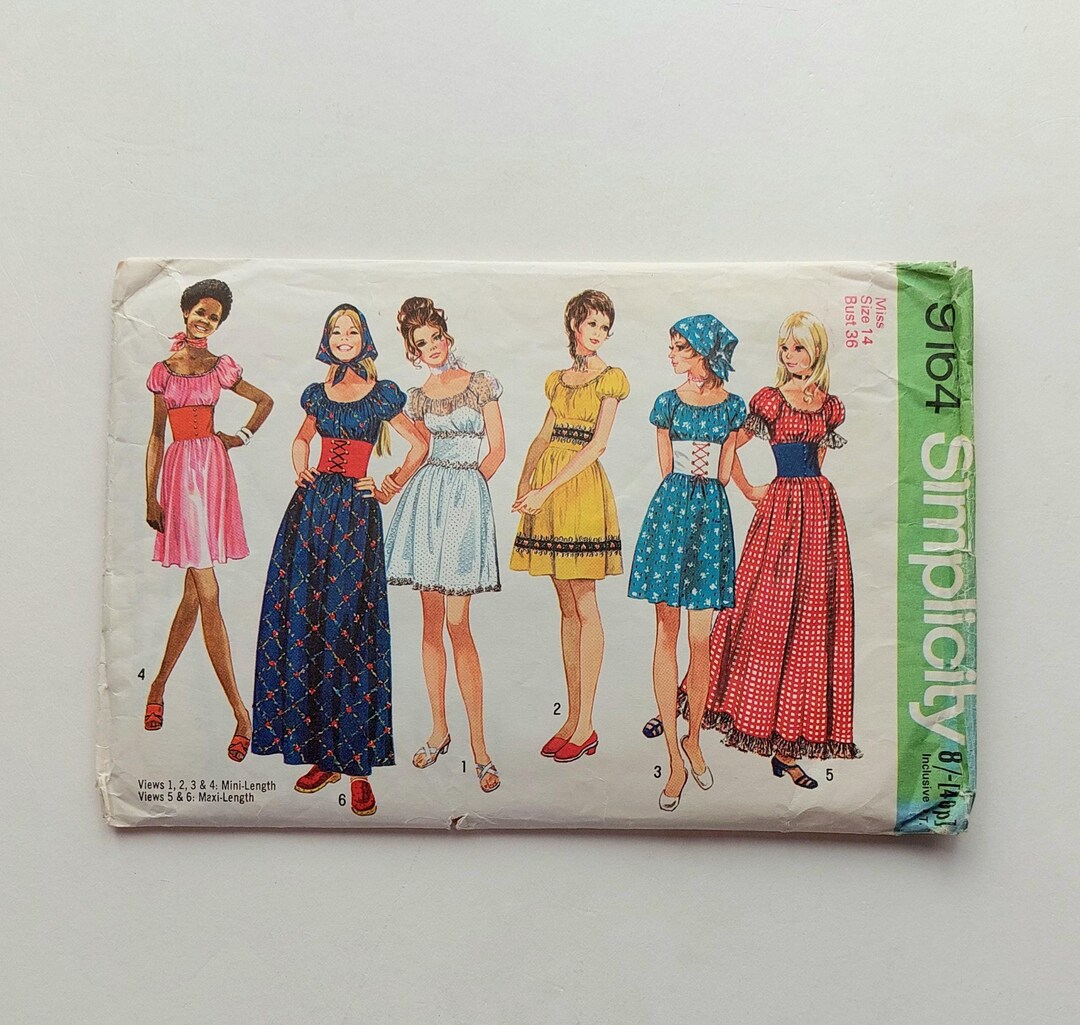 1970s Vintage Mini & Maxi Peasant Dress Sewing Pattern, Simplicity 9164 ...