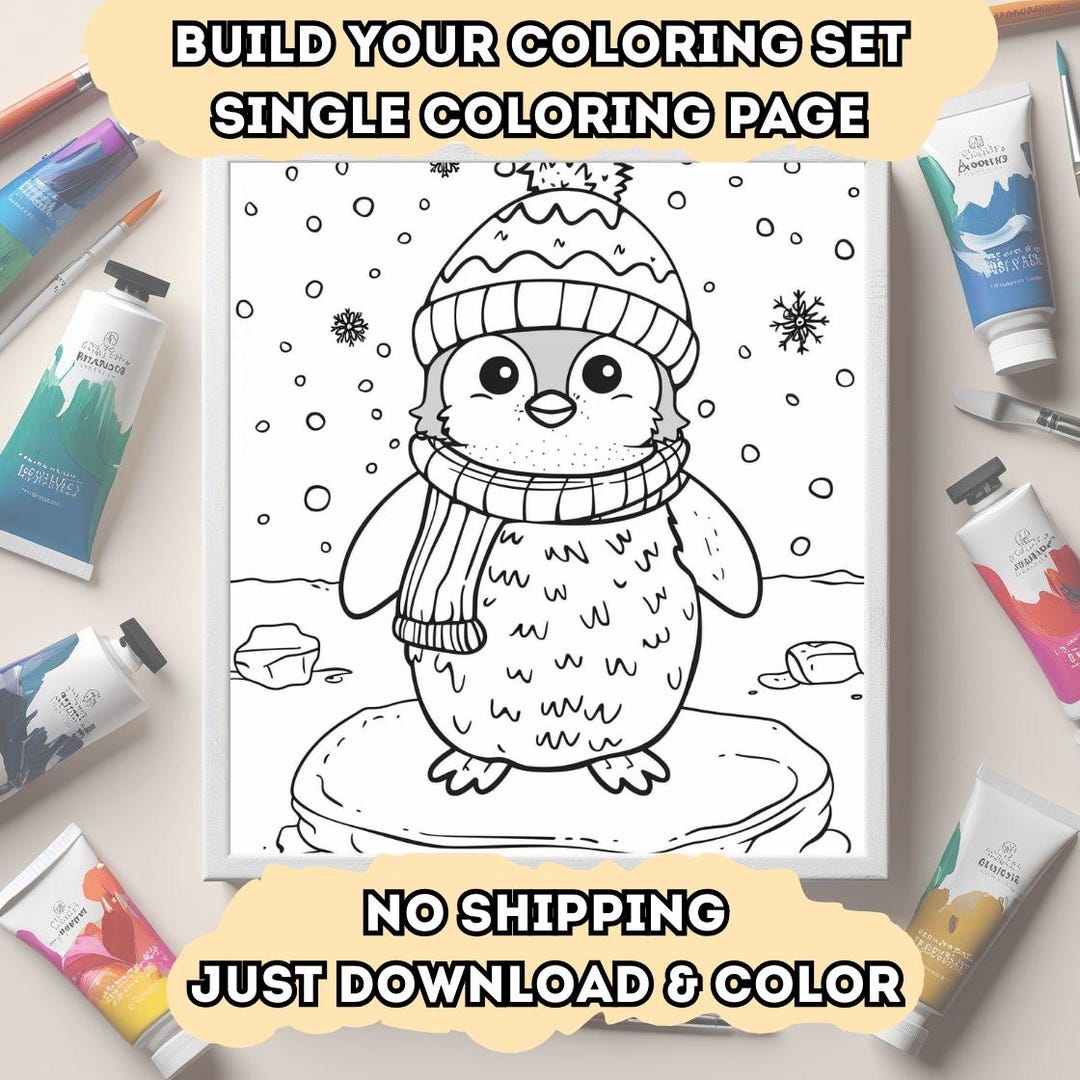 Winter Penguin Coloring Page - Cute Penguin in Hat and Scarf - Etsy