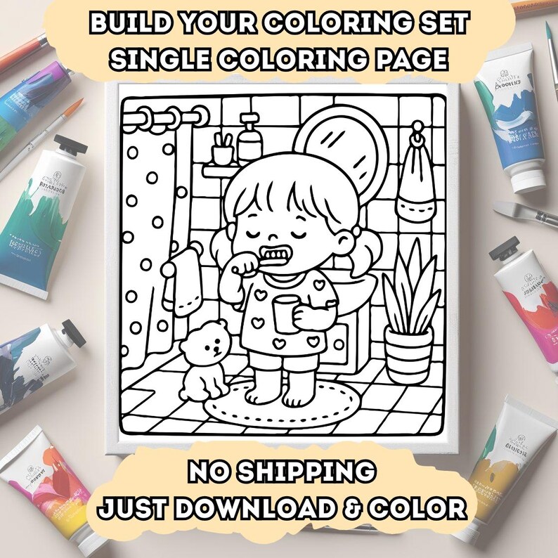 Morning Routine Coloring Page With Cute Dog | Printable Bathroom Scene ...