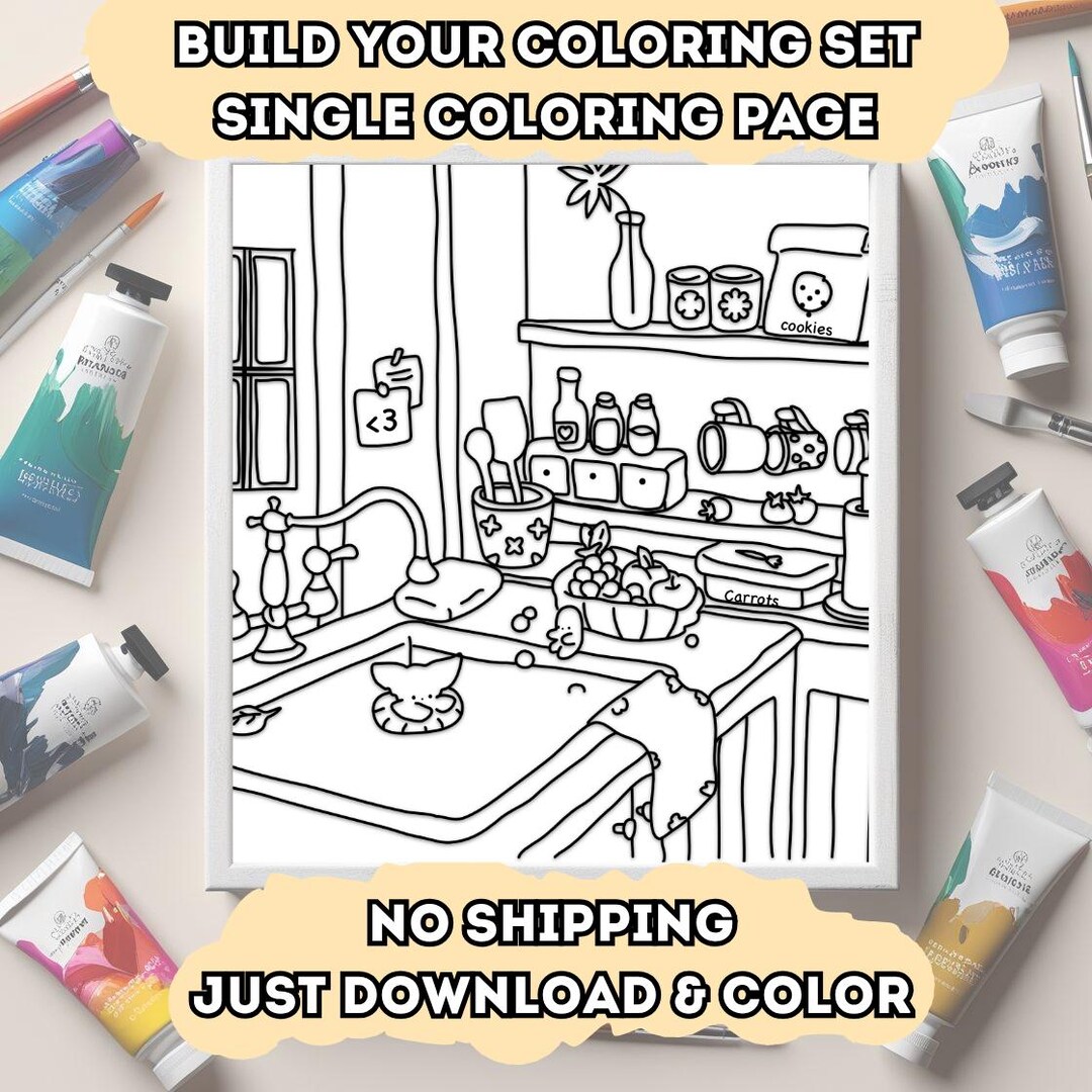 Cute Cat in Kitchen Sink Coloring Page - Cozy Home Scene Line Art - Etsy