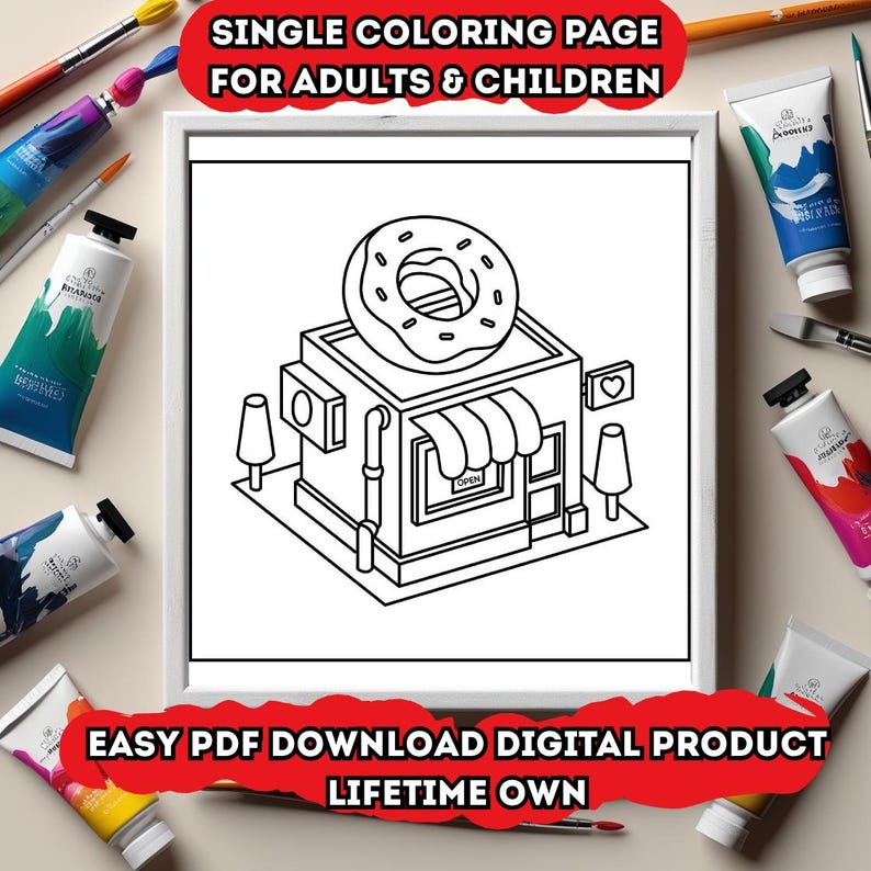 Donut Shop Coloring Page – Fun Bakery Storefront PDF – Cute Donut Stand ...