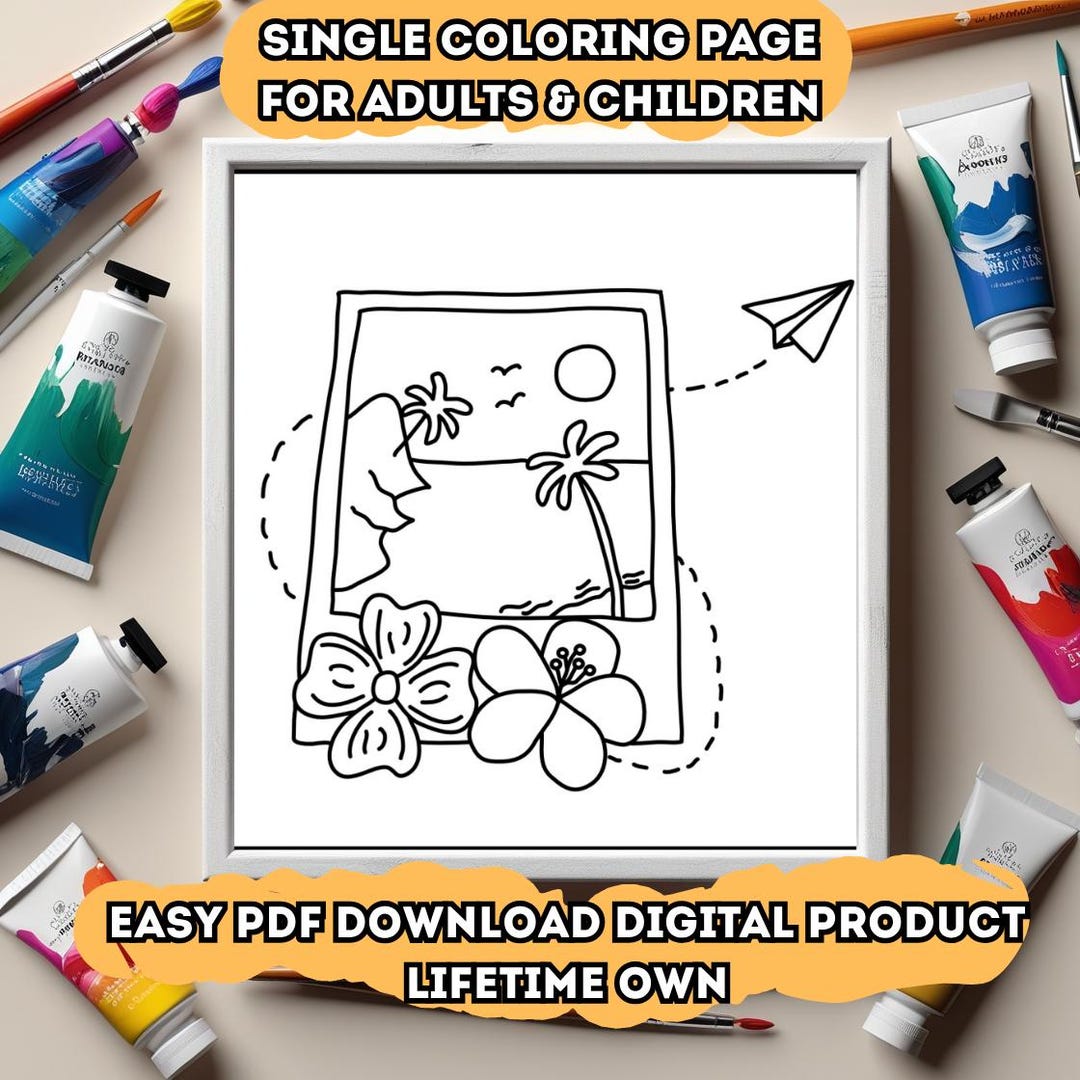 Summer Postcard Coloring Page PDF – Paper Plane & Beach Scene Printable ...