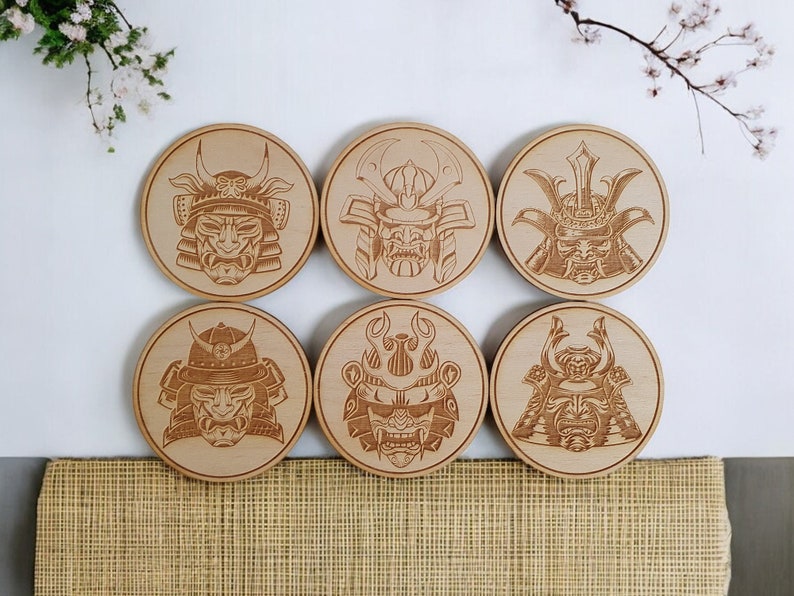 Samurai Mask Wood Coasters | Japanese Decor | Gift for Martial Arts ...