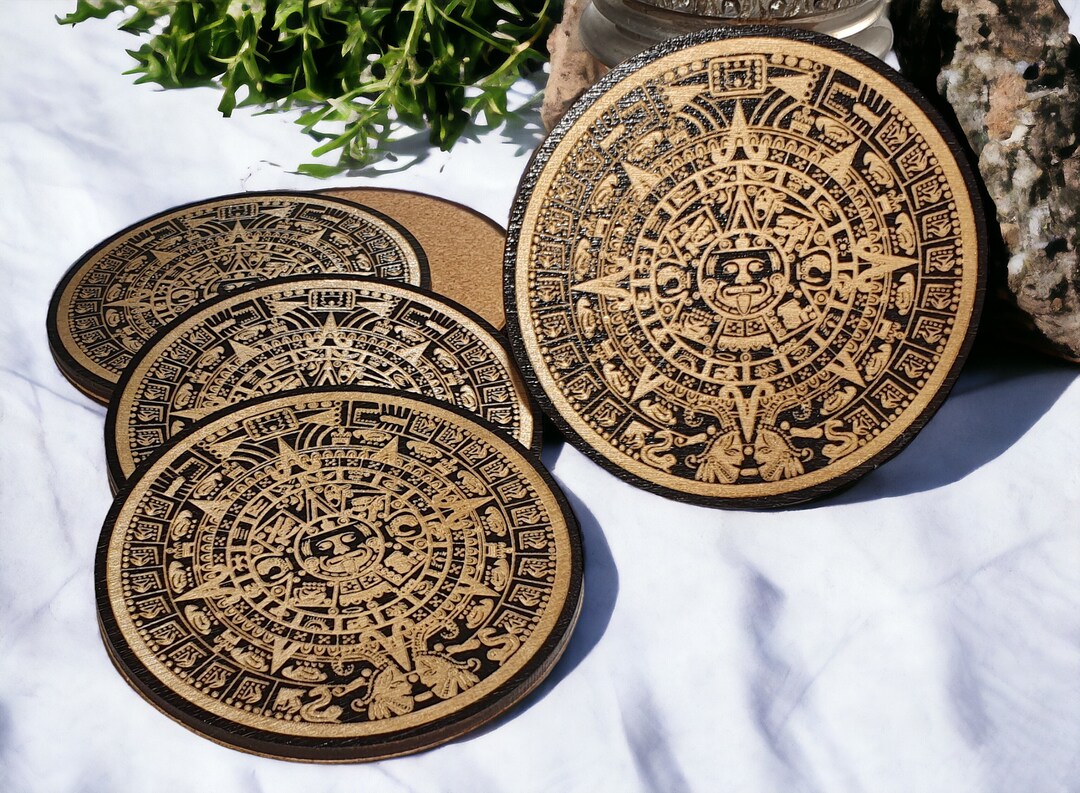 Mayan Disc Coasters: Carved Wooden Mesoamerican Decor - Etsy