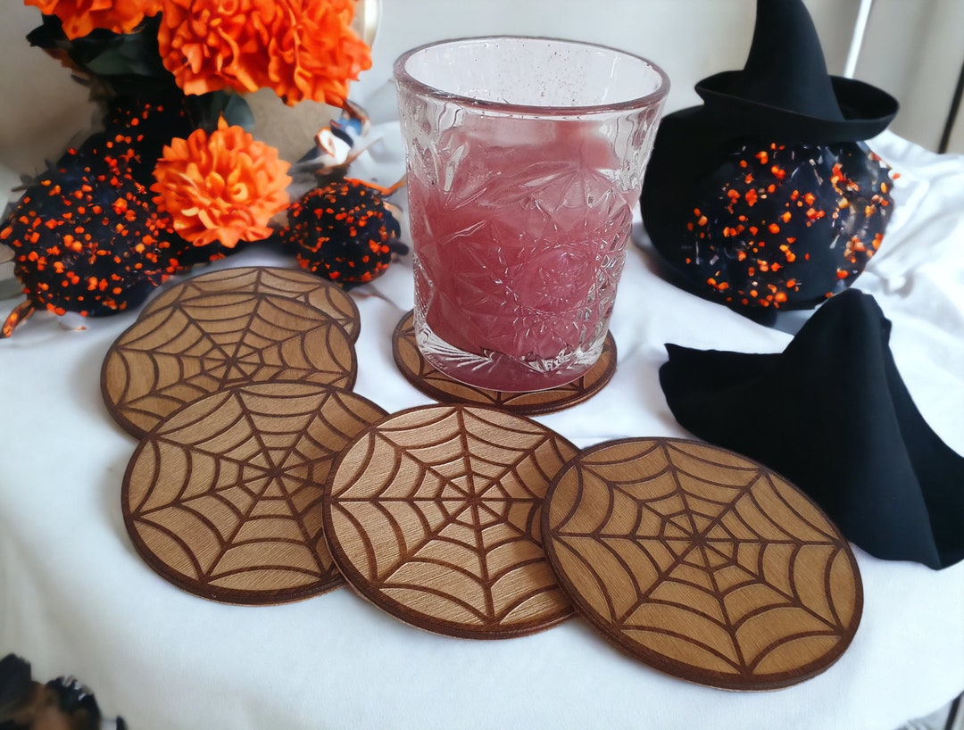 Wooden Spider Web Coasters: Halloween Table Decor | Engraved Wood Drink ...