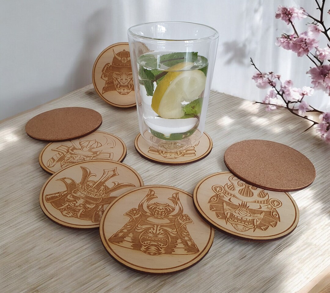 Samurai Mask Wood Coasters Set of 6 – Japanese Decor, Cork Backed Drink ...