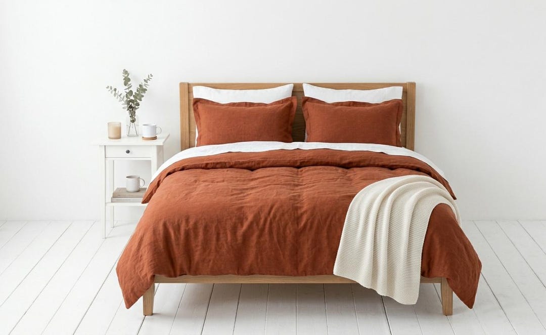 Buy Terracotta Duvet Cover, Washed Cotton Bedding, Rustic Farmhouse ...