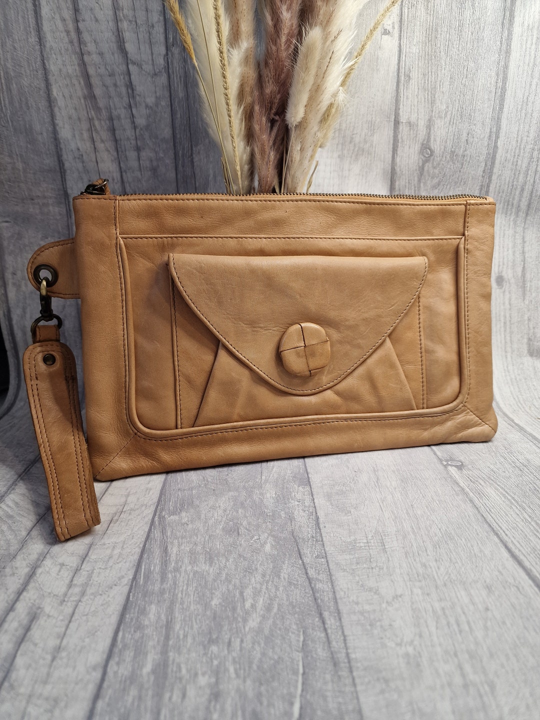 Large Light Tan Leather Clutch - Etsy