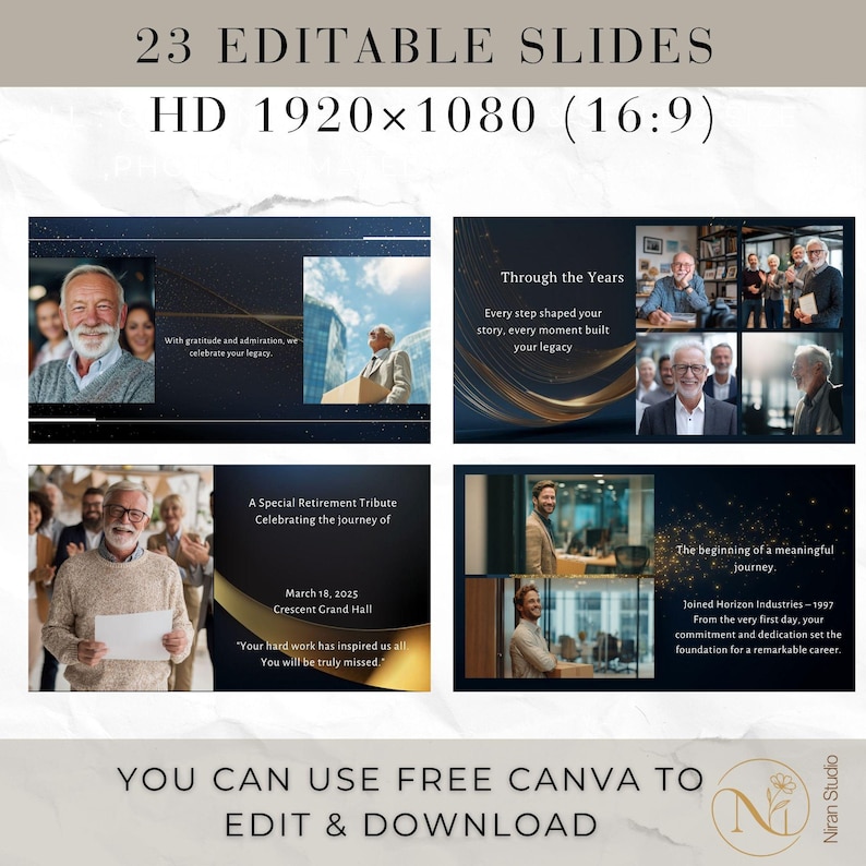 Retirement Slideshow Template Canva ,editable Farewell Video, Navy Gold ...