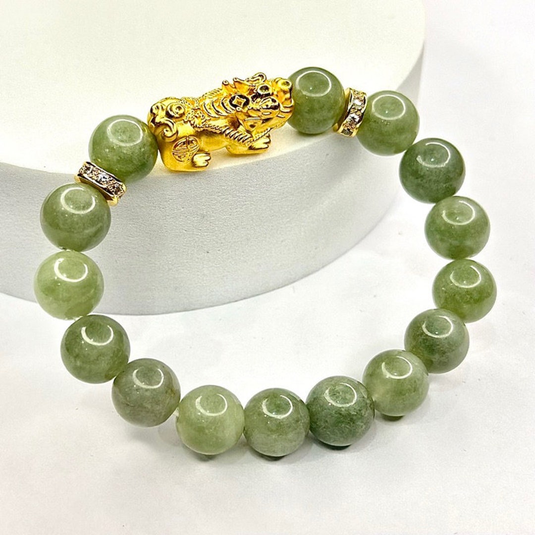 Genuine Gold Pixiu With Ocean Gemstone Charms Burmese Jade Beads ...