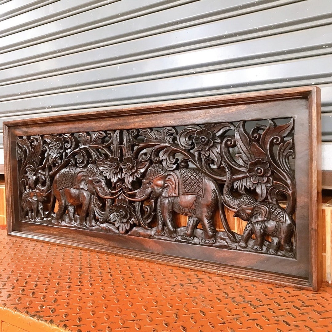 Hand-carved Wooden Elephant Wall Panel: Ban Tawai Chamchuri Wood Art - Etsy