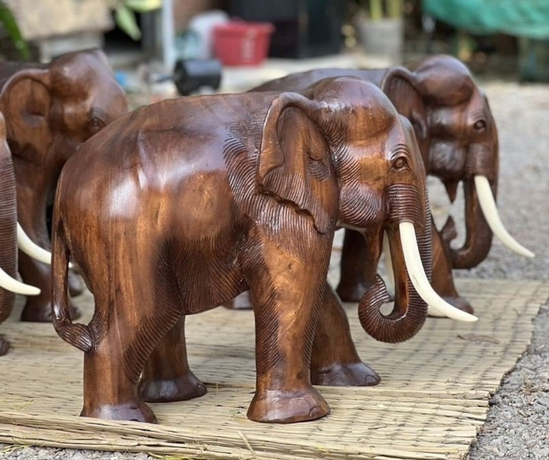 15 Inches Handcrafted Oak Wood Carved Elephant Pair, Feng Shui Lucky ...