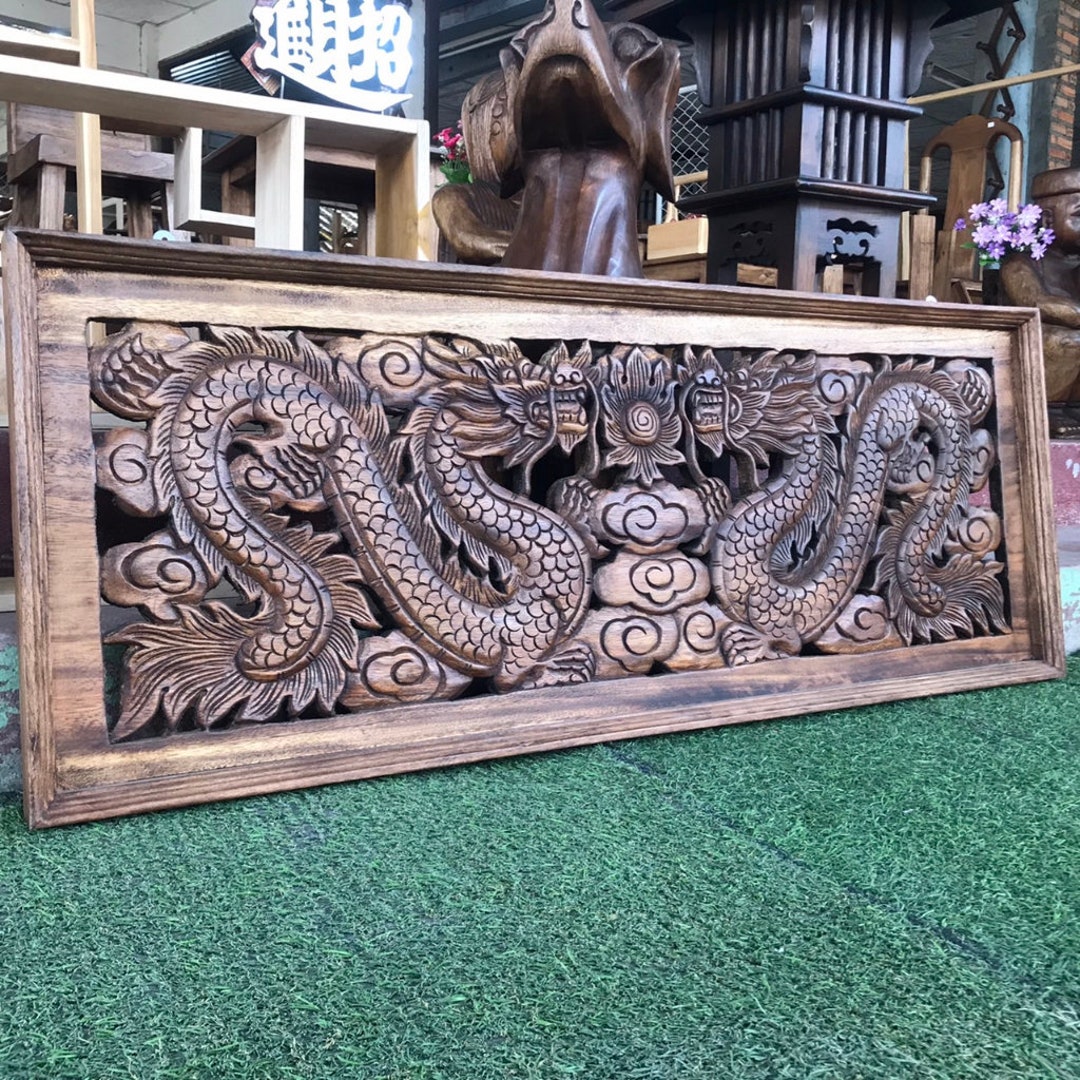 Double Dragon Design Hand-carved Wooden Wall Hanging - Etsy