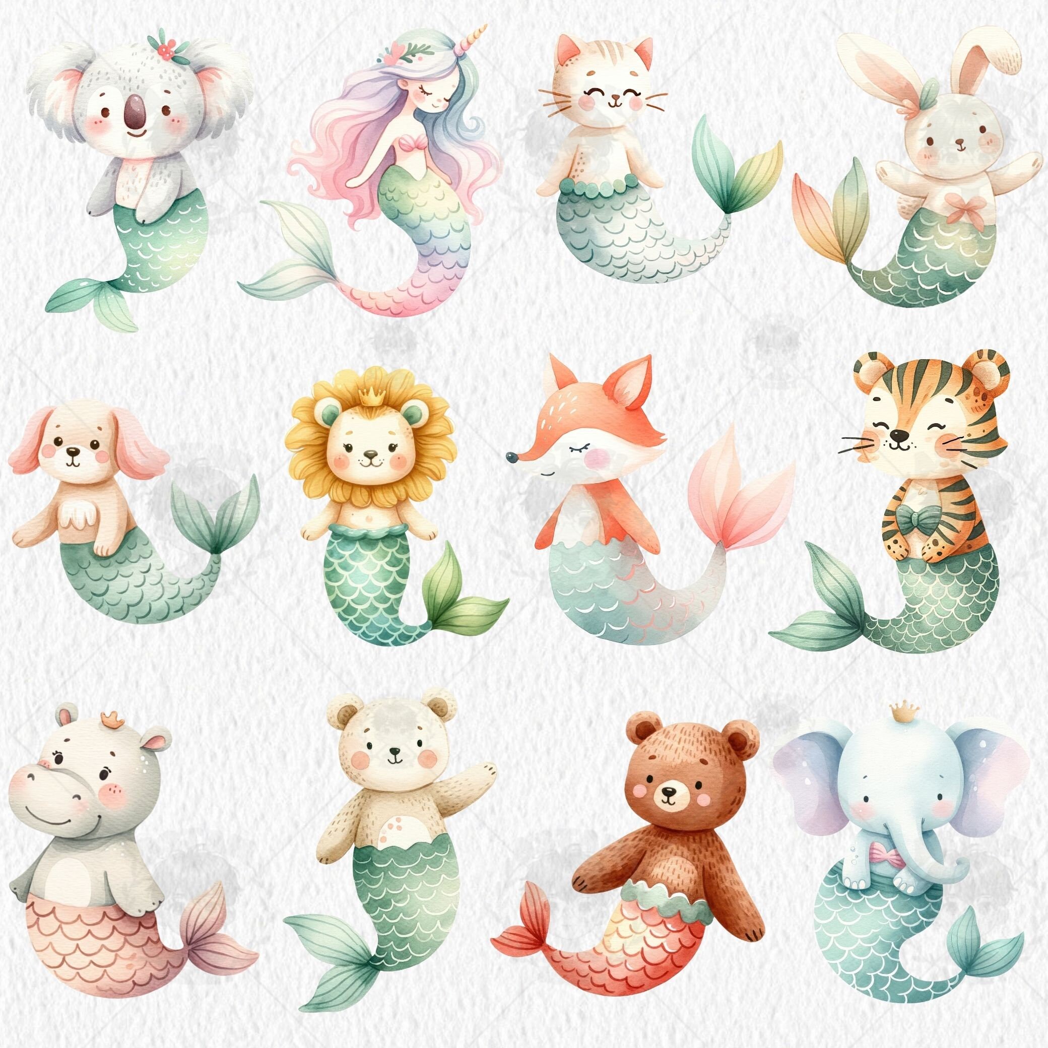Animals Mermaid Watercolor Clipart, Ocean Clipart, Under the Sea ...