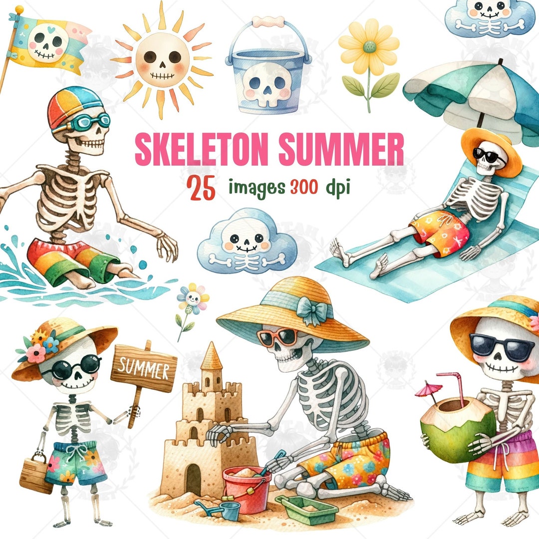 Skeleton Summer Watercolor Clipart: Beach Fun (PDF) - Etsy