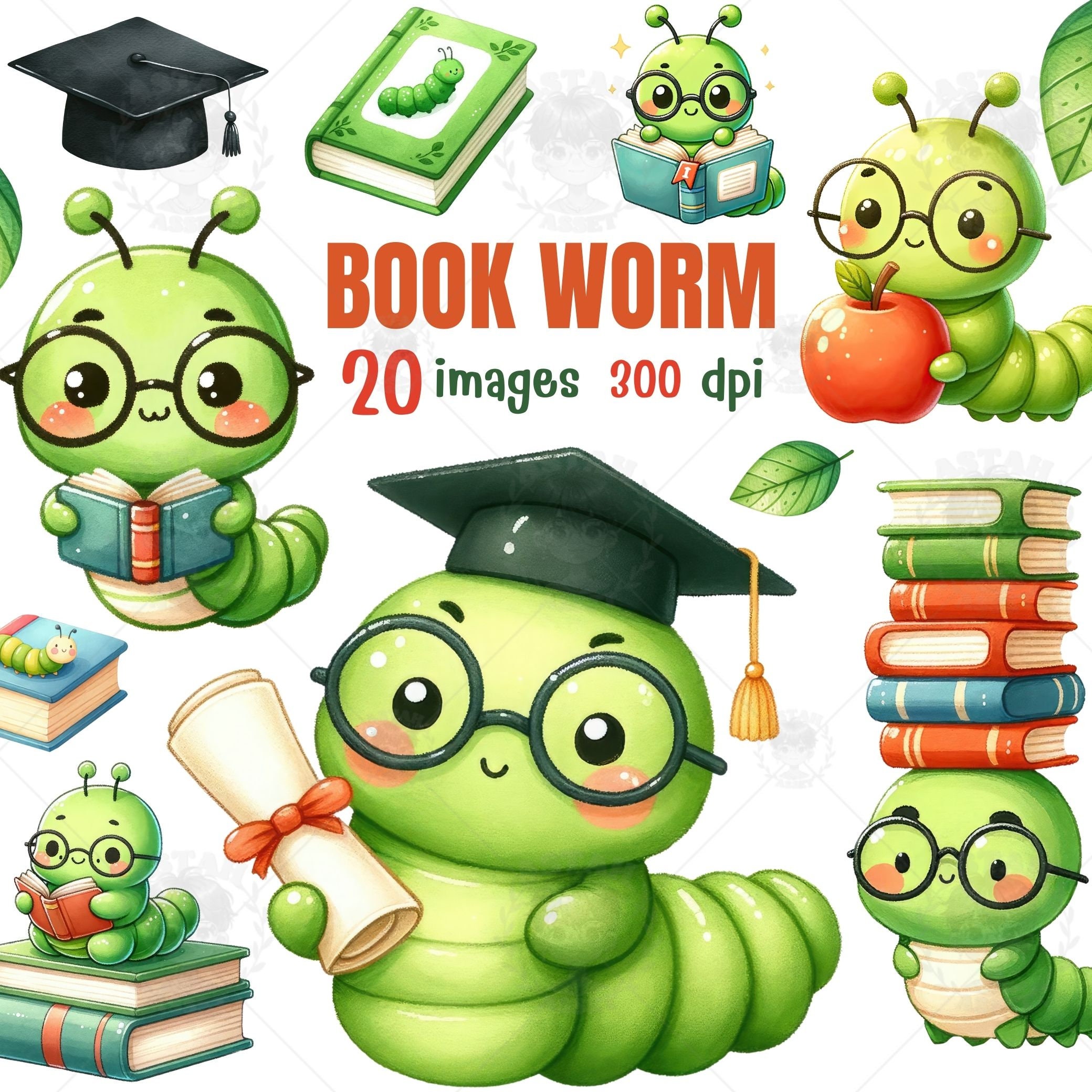 Bookworm Watercolor Clipart, Wormy Png, Cute Caterpillar Clipart ...