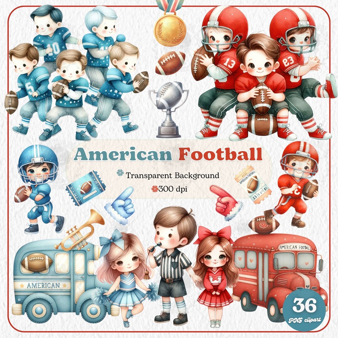 Watercolor American Football Kids Clipart: Sports PNG Set (PDF) - Etsy