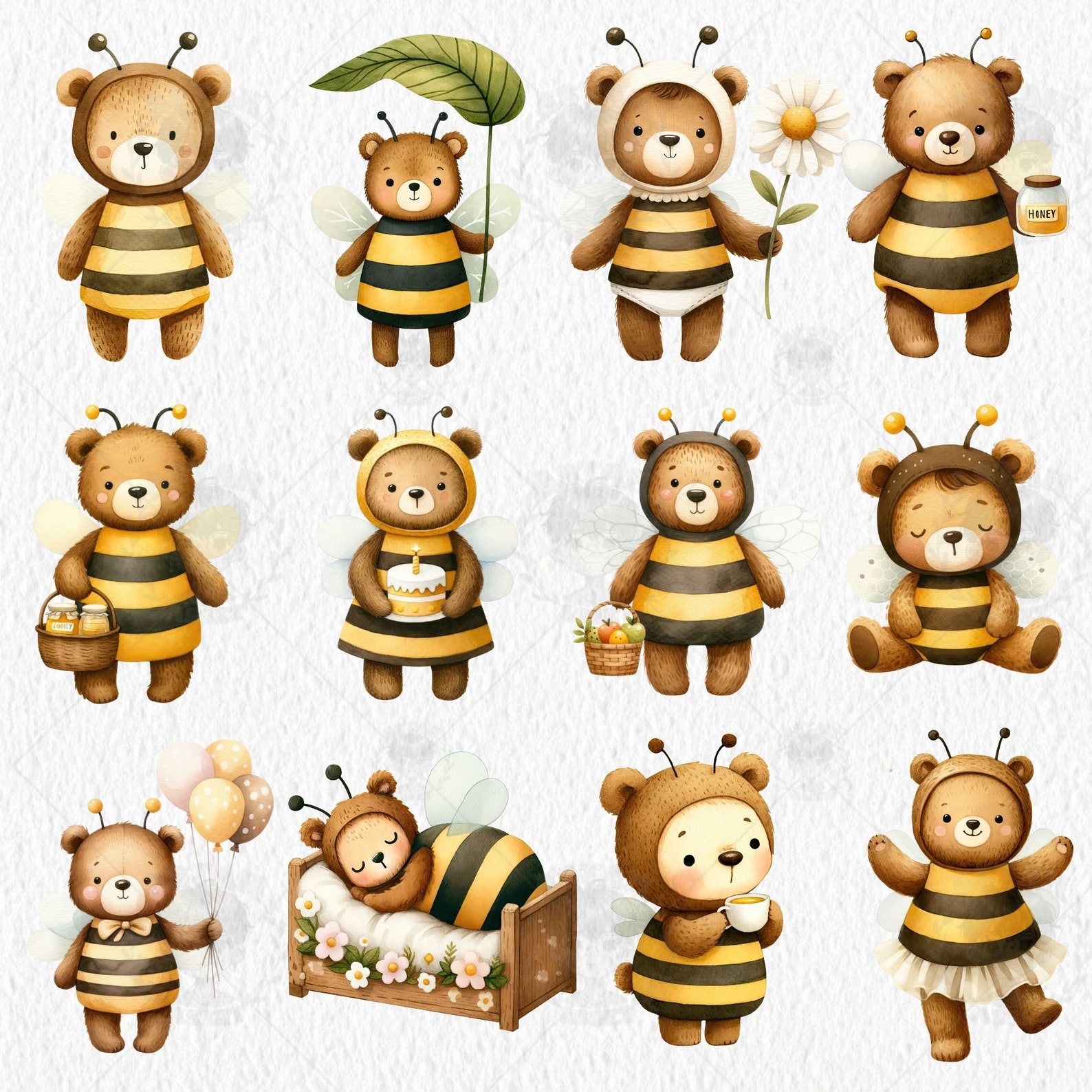Cute Bear in Bee Costume Watercolor Clipart, Bear Baby Shower, Baby ...