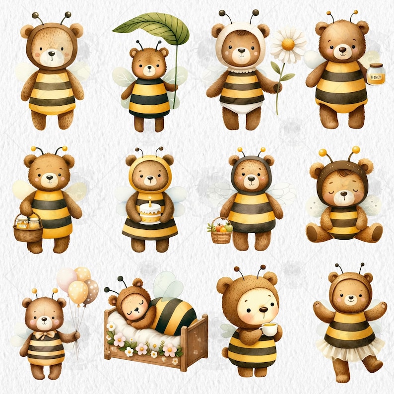 Cute Bear in Bee Costume Watercolor Clipart, Bear Baby Shower, Baby ...
