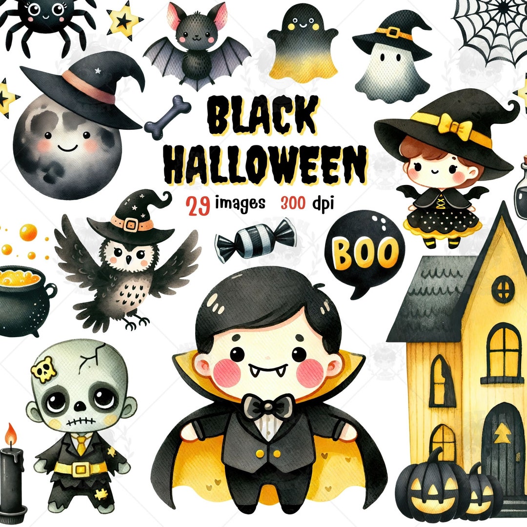 Black Halloween Watercolor Clipart: Spooky PNG Images (digital Download ...