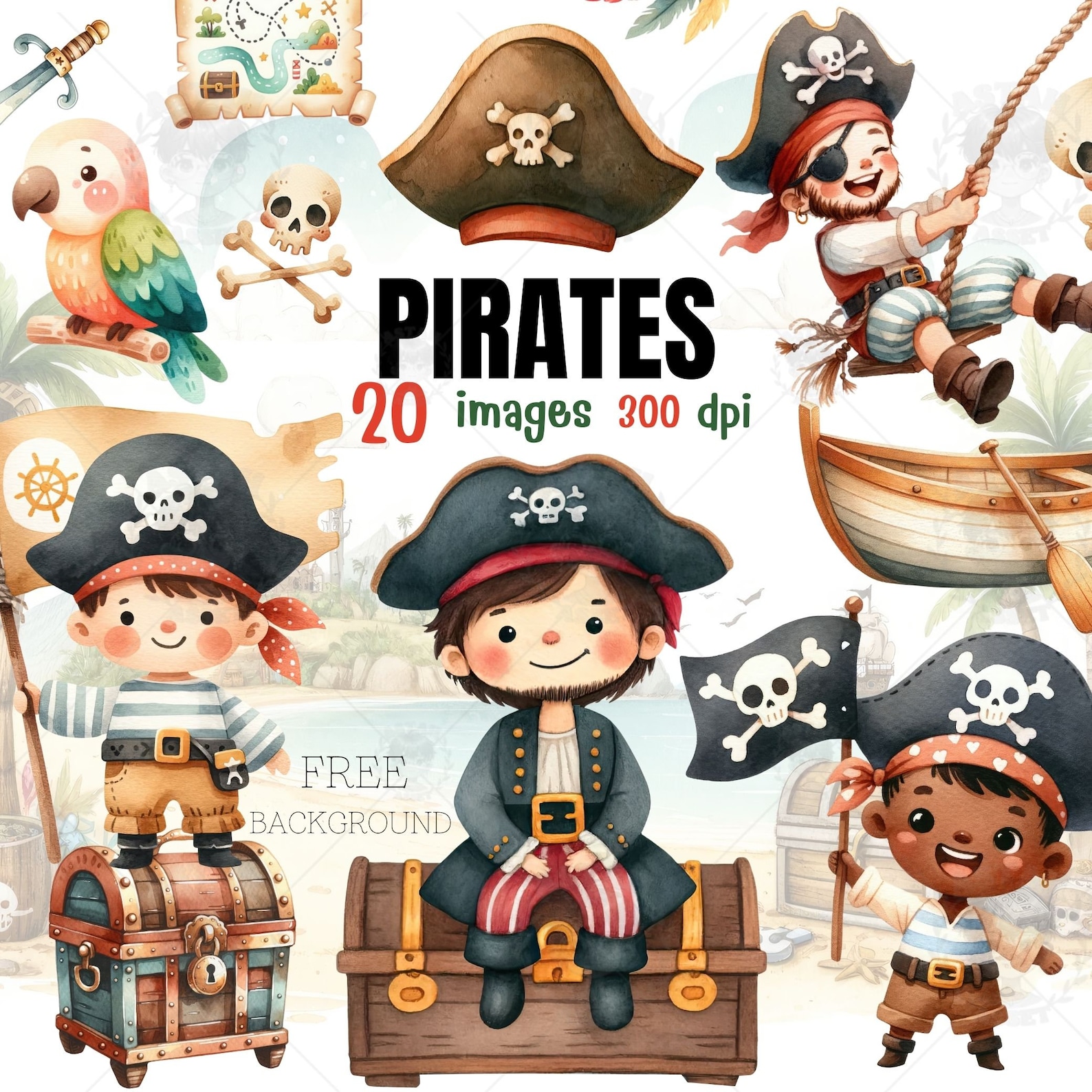 Pirate Clipart, Kids Clipart, Ocean Clipart ,watercolor Clipart, Pirate ...