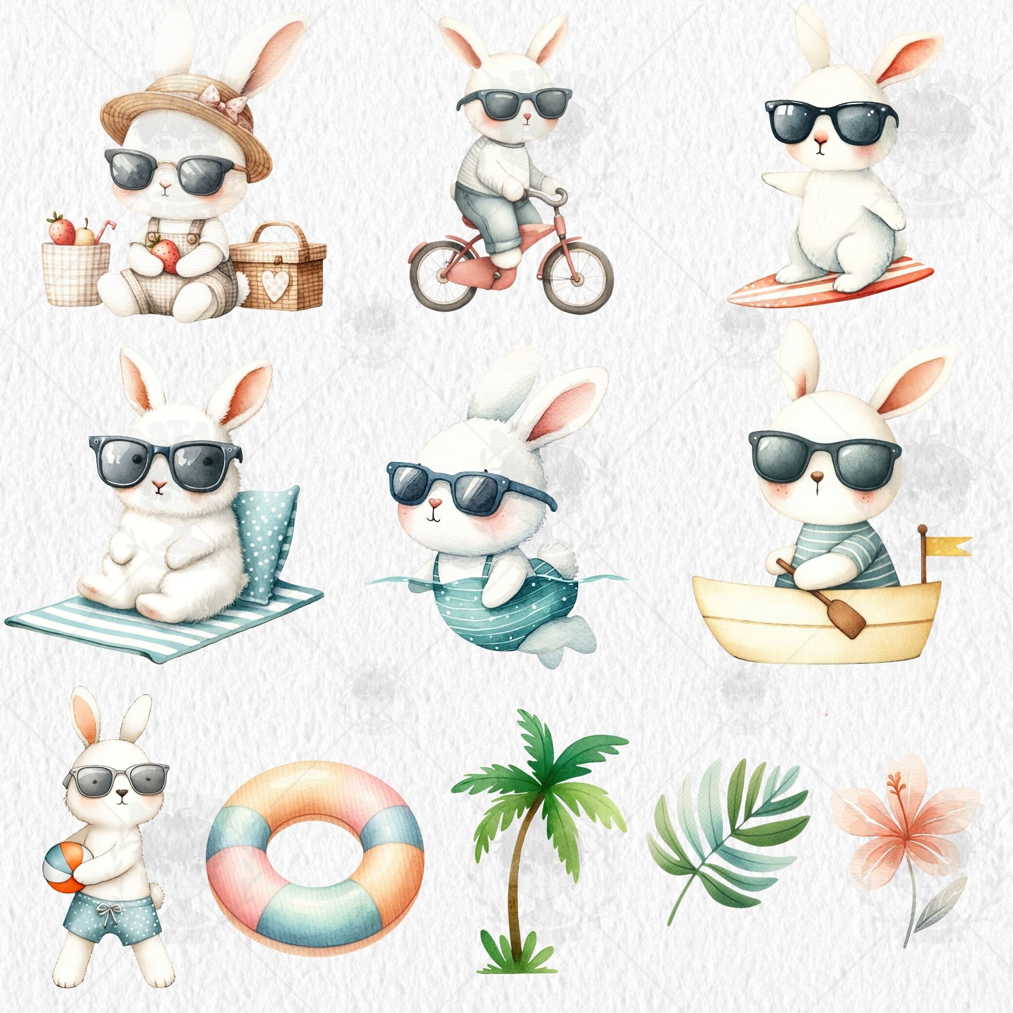Summer Bunnies, Rabbit Summer, Watercolor Clipart, Animals Summer ...