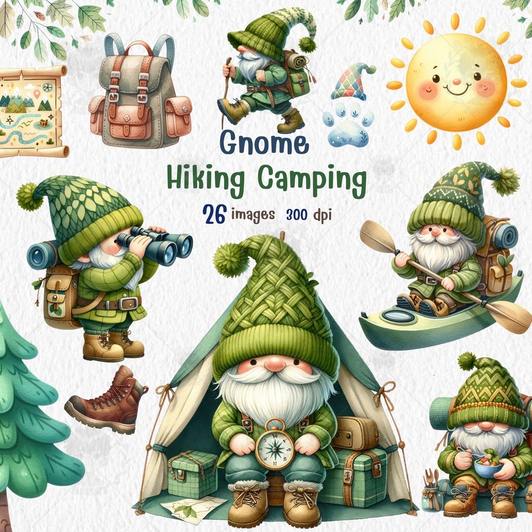 Cute Gnome Camping Hiking ,watercolor Clipart ,spring Activities ...